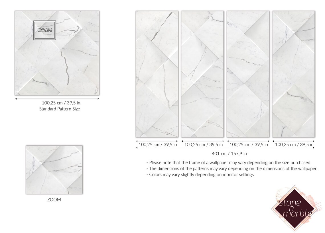 White Matte Marble Wallpaper With Diamond Shaped Tile Pattern | Etsy