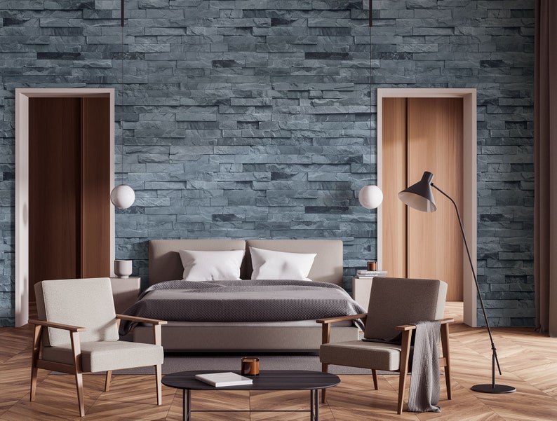 Blue Gray Brick Wall Stone Tile Pattern Wallpaper peel and - Etsy