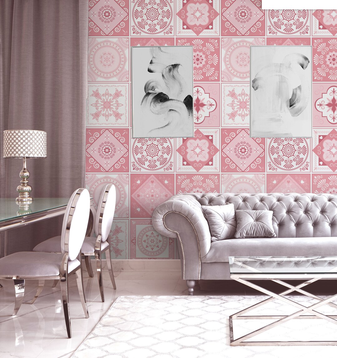 Pink Geometric Tiles Wallpaper, Abstract Wallpaper, Minimalist Wall ...