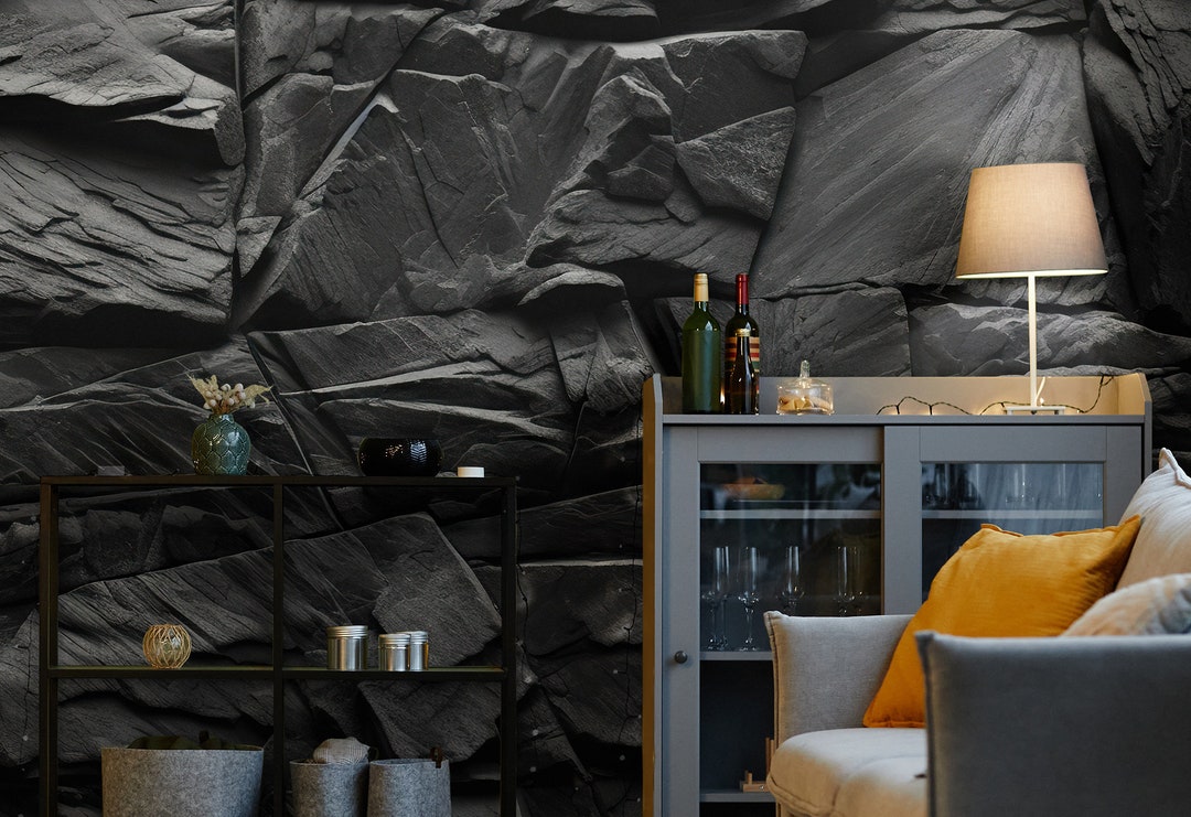 Dark Rocks Wallpaper, Dark Stone Wall Mural, Stone Surface Print [peel ...