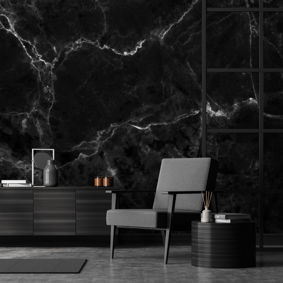Natural Dark Stone Wallpaper, Abstract Wall Mural, Black Stone Print ...