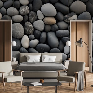 River Rocks Wallpaper, Black, White and Gray, Stone Wall Mural [peel ...