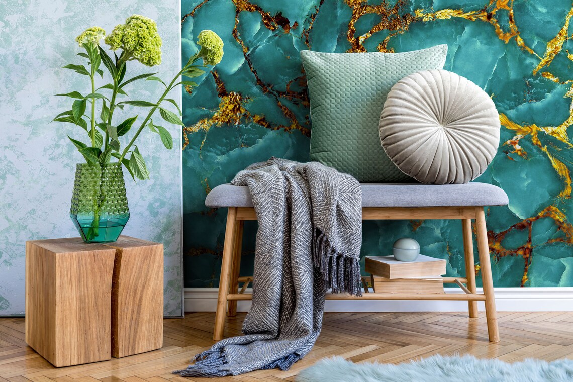 Matte Teal Crystal Stone Wallpaper With Gold Cracks self - Etsy