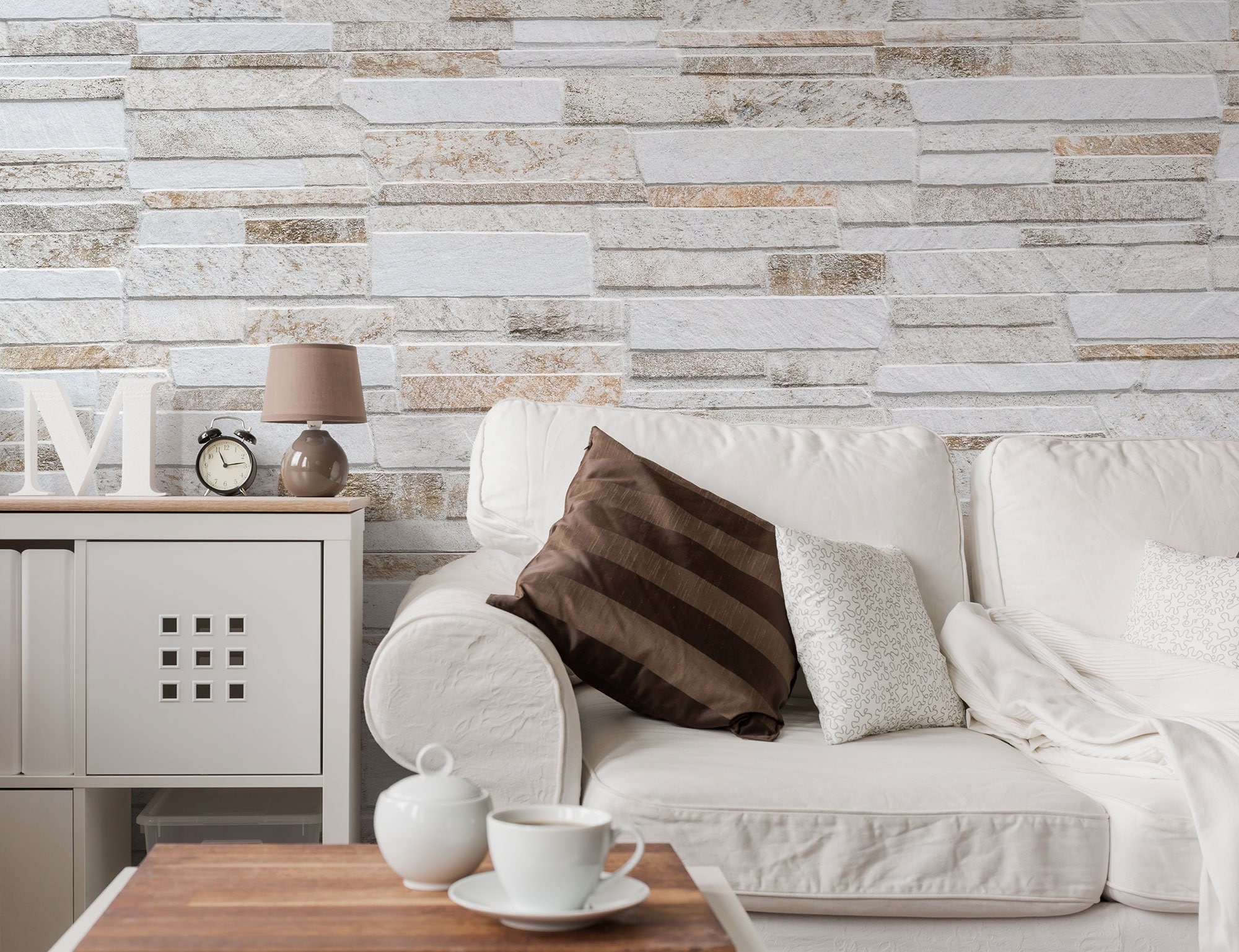 White and Beige Brick Wallpaper, Light Stone Mural self Adhesive, Peel ...