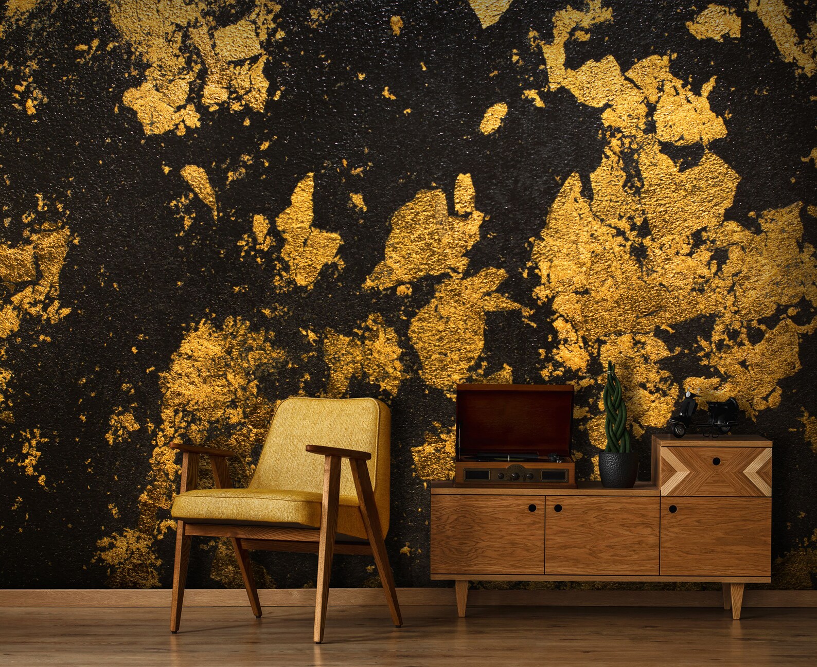 Black and Gold Matte Concrete Surface Wallpaper, Dark Stone Mural self ...
