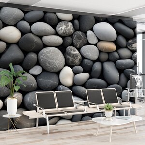 River Rocks Wallpaper, Black, White and Gray, Stone Wall Mural [peel ...