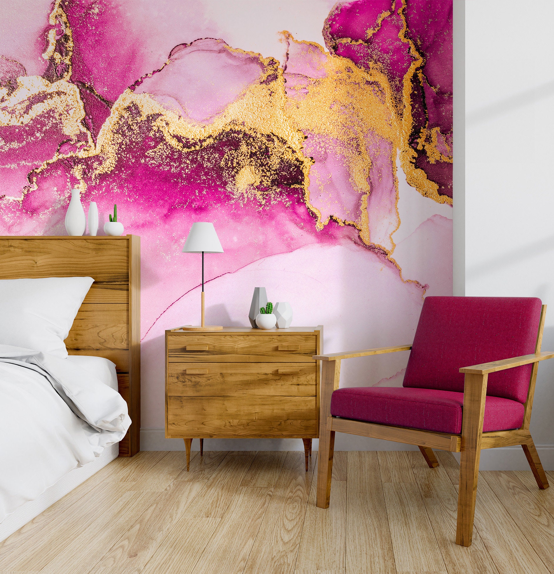 Pink and Matte Gold Marble Wallpaper, Abstract Wall Mural [peel and ...