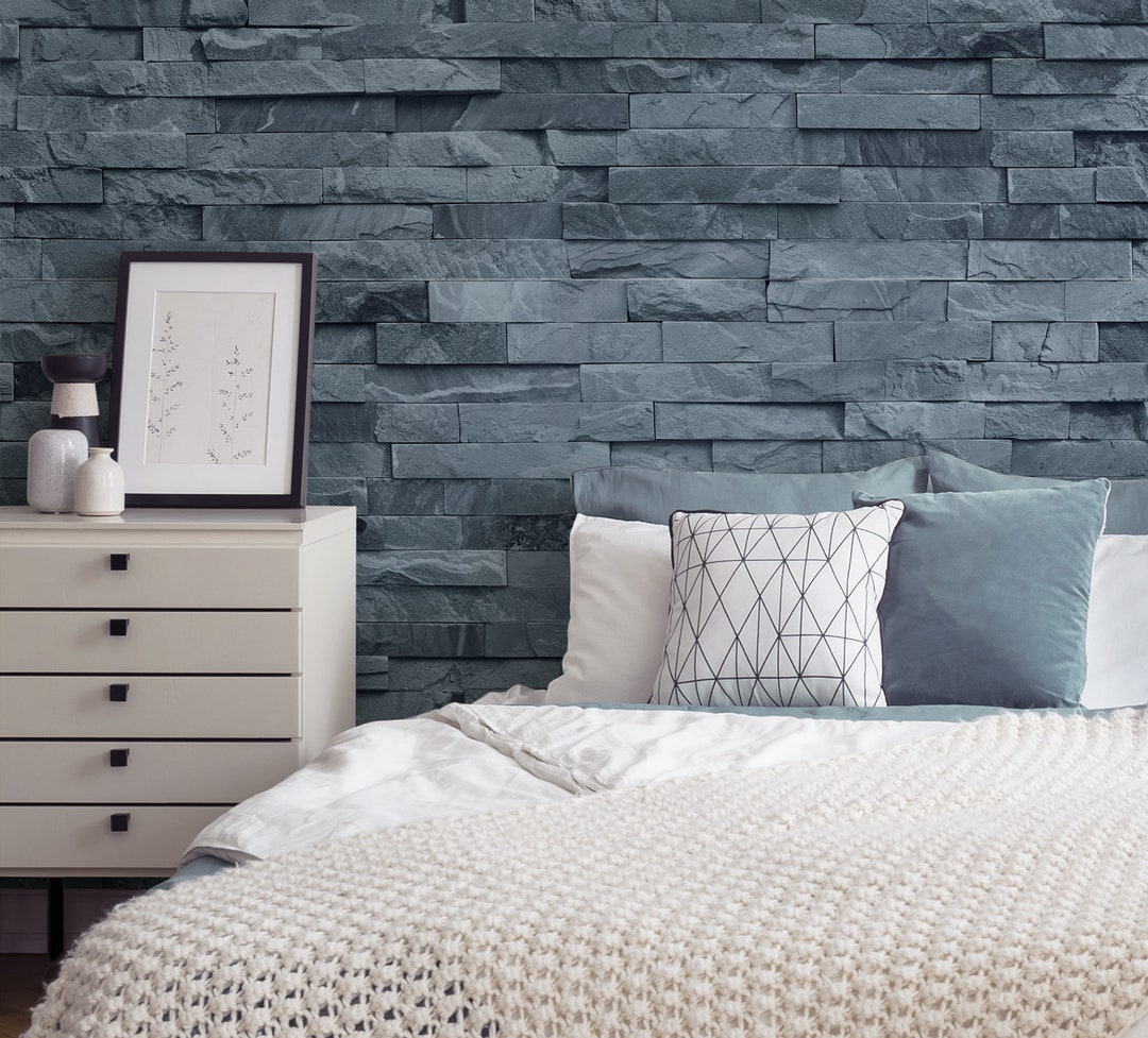 Blue Gray Brick Wall Stone Tile Pattern Wallpaper [peel and Stick (self ...