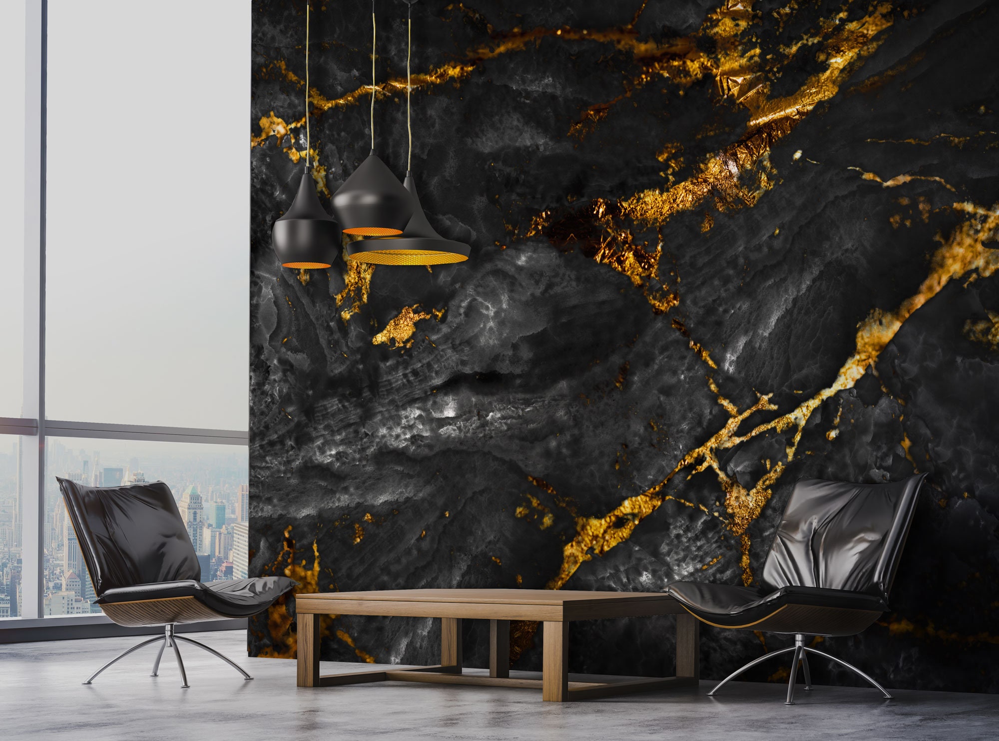 Black Cooled Lava Wallpaper With Gold Cracks, Dark Marble Stone Mural ...