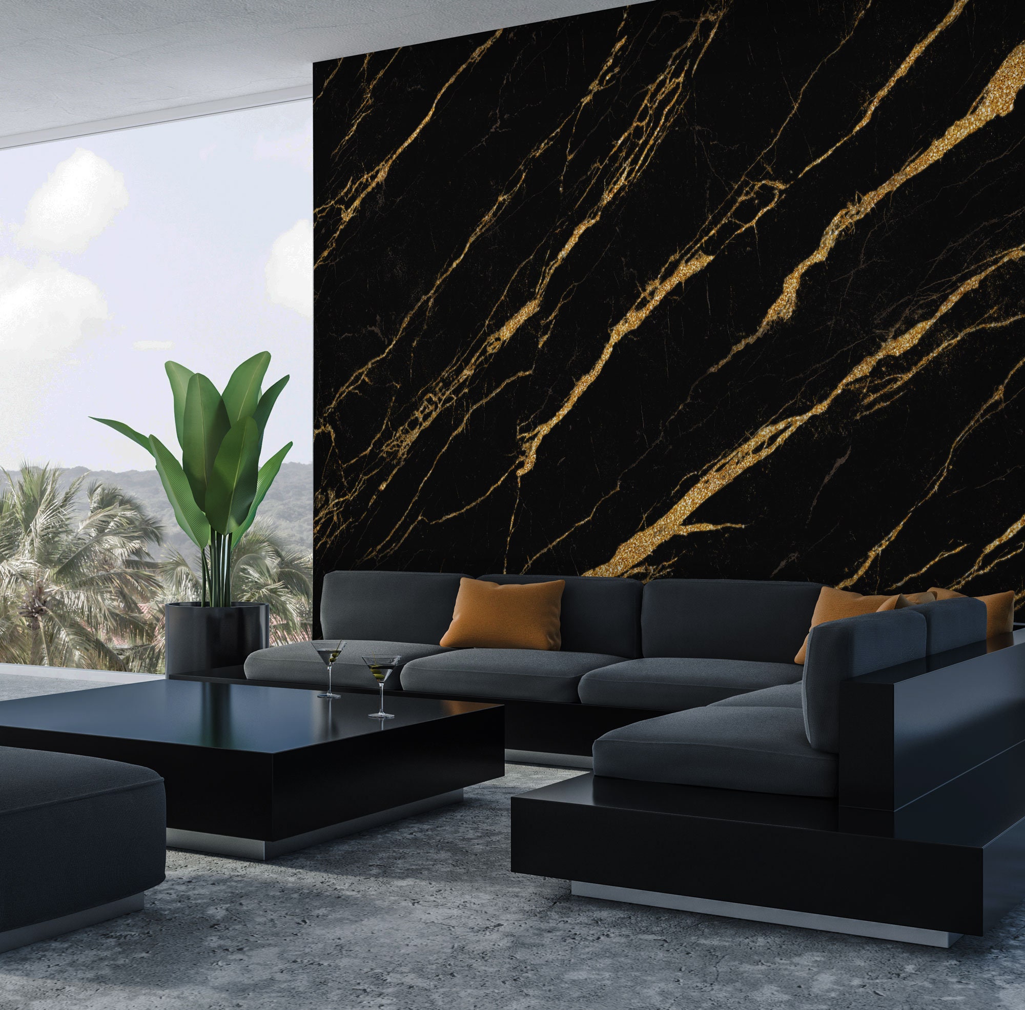 Matte Black Marble Stone Wallpaper With Gold Cracks self Adhesive, Peel ...