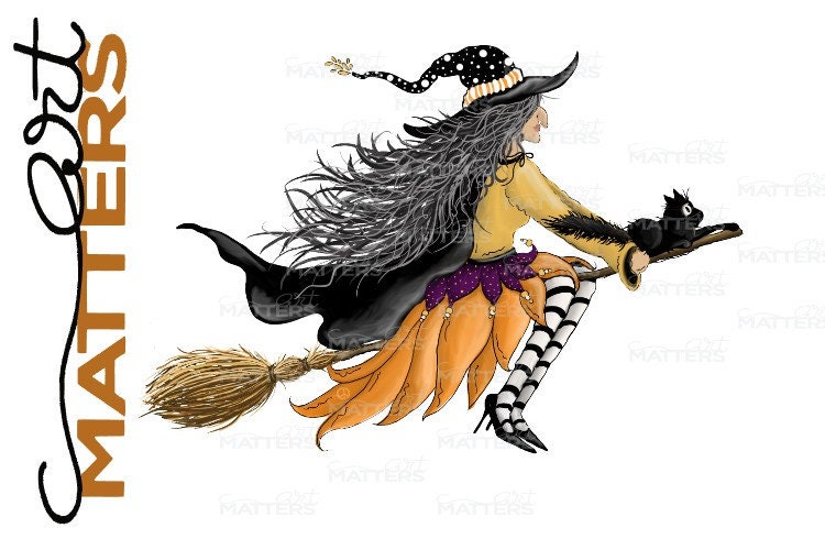 Witch Riding Broom Cat - Hand Painted - PNG - Sublimation - Halloween ...