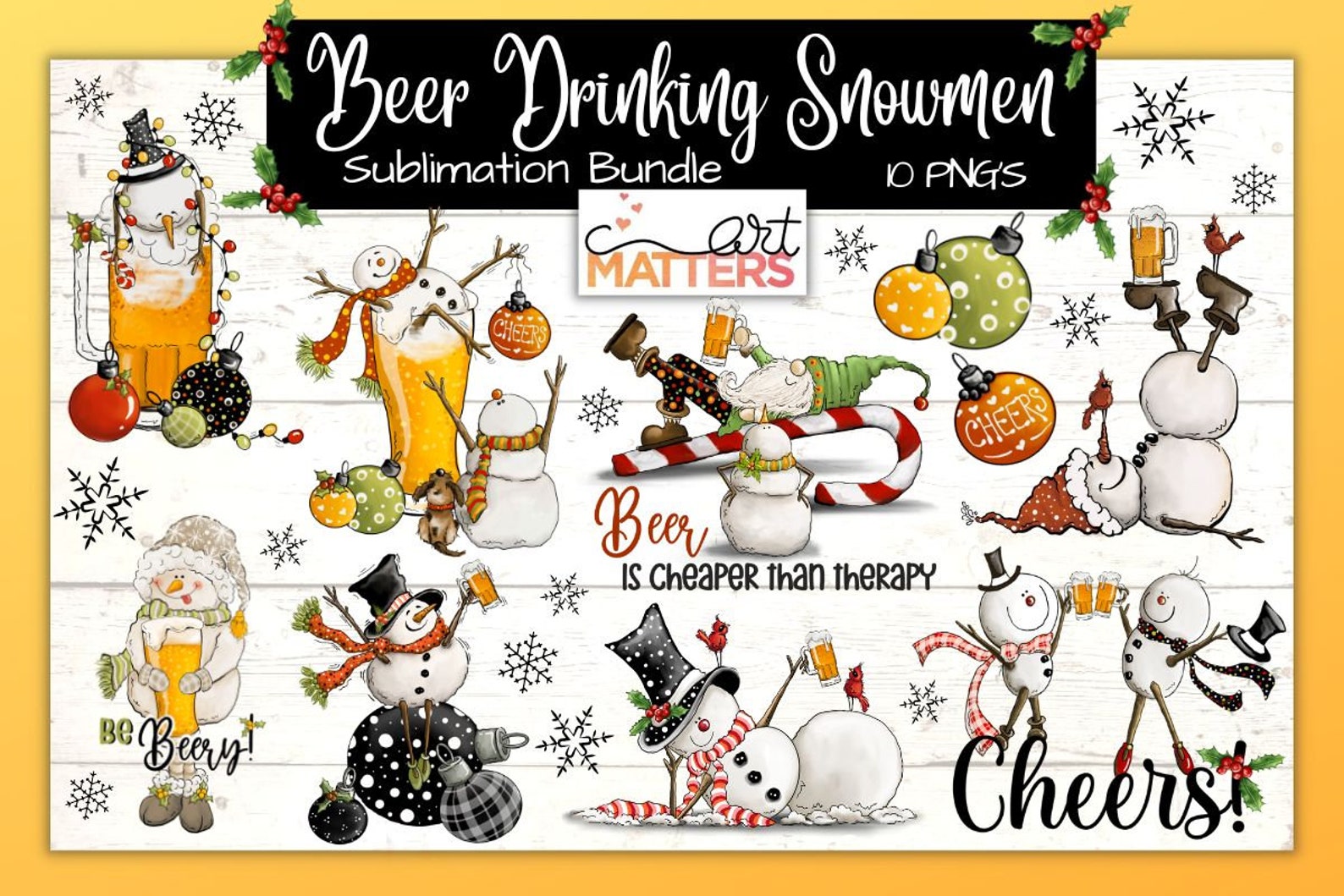 Beer Snowman PNG Sublimation Bundle: Hand-painted Christmas Designs (10 ...