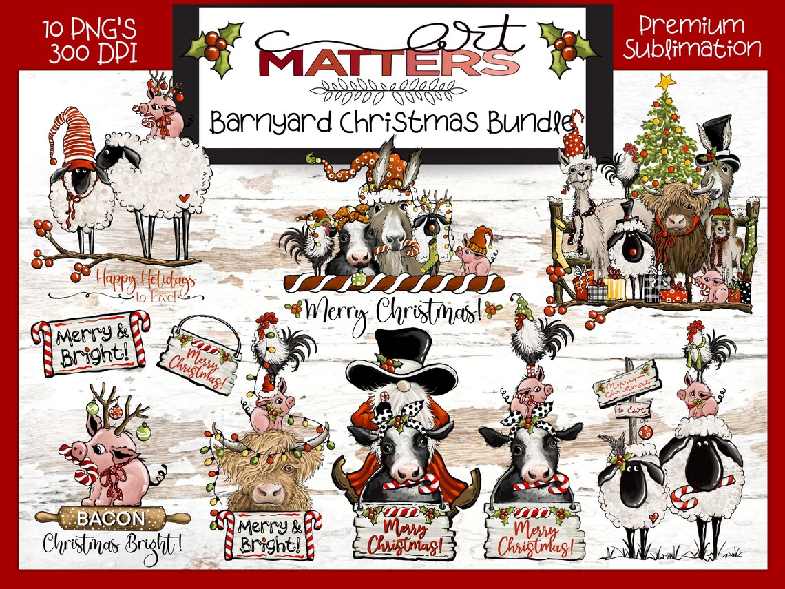 Barnyard Christmas PNG Bundle: Hand-painted Farm Animals (sublimation ...