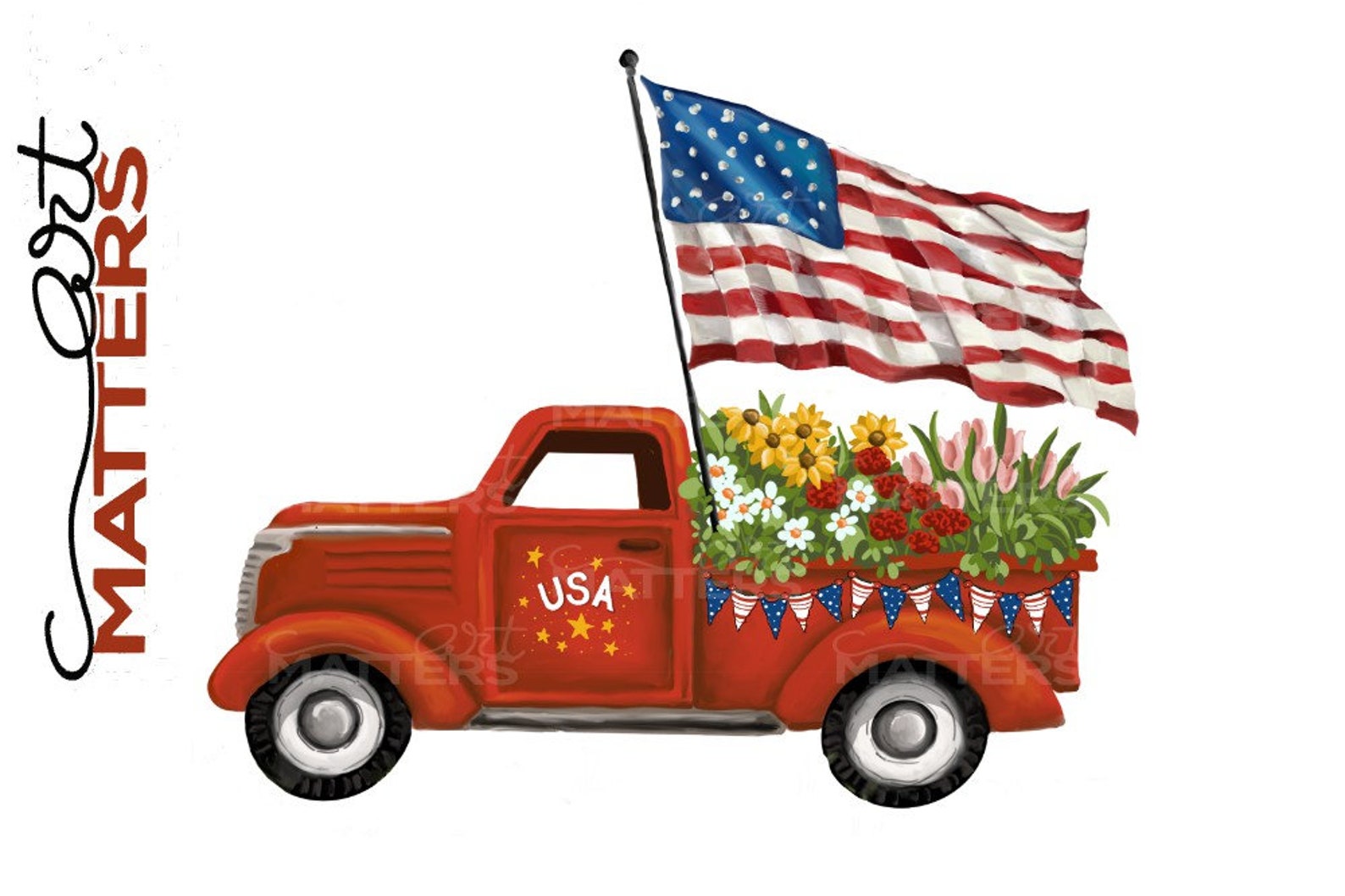Red Truck USA Flag Flowers - Hand Painted - PNG - Sublimation ...