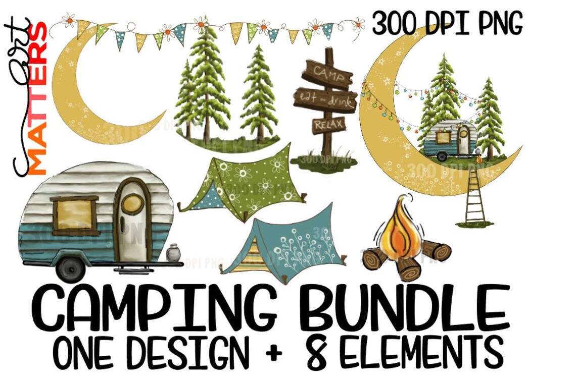 Camping Bundle 1 Design Plus 8 Elements Hand Painted 300 | Etsy