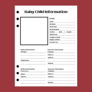 Baby/child Personal Information Planner Insert, Child Information ...
