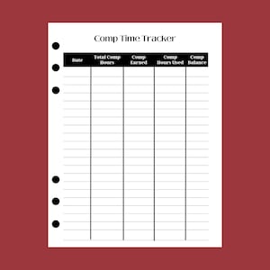 Comp Time Tracker, Comp Time Log for Work, Working Hours Log, Functional Insert, Planner Insert ...