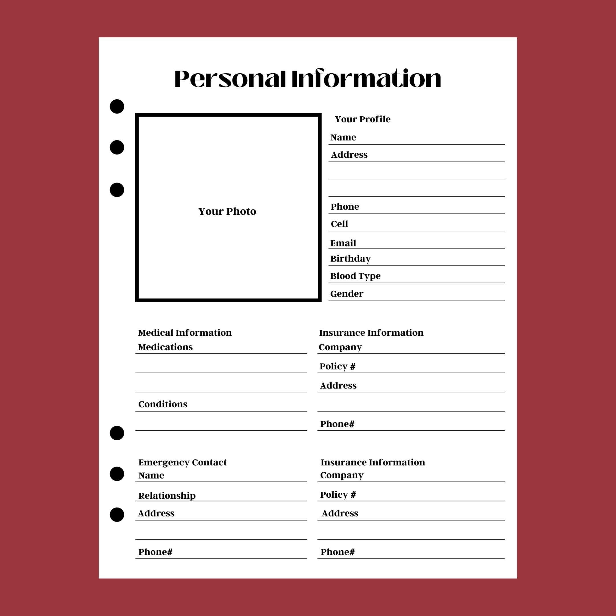 Personal Information and Medical Record Tracker Inserts - Etsy