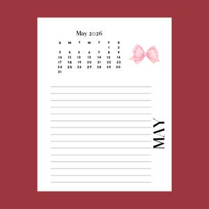 2026 Coquette Calendar: Pink Bow Monthly Planner Note Pages - Etsy