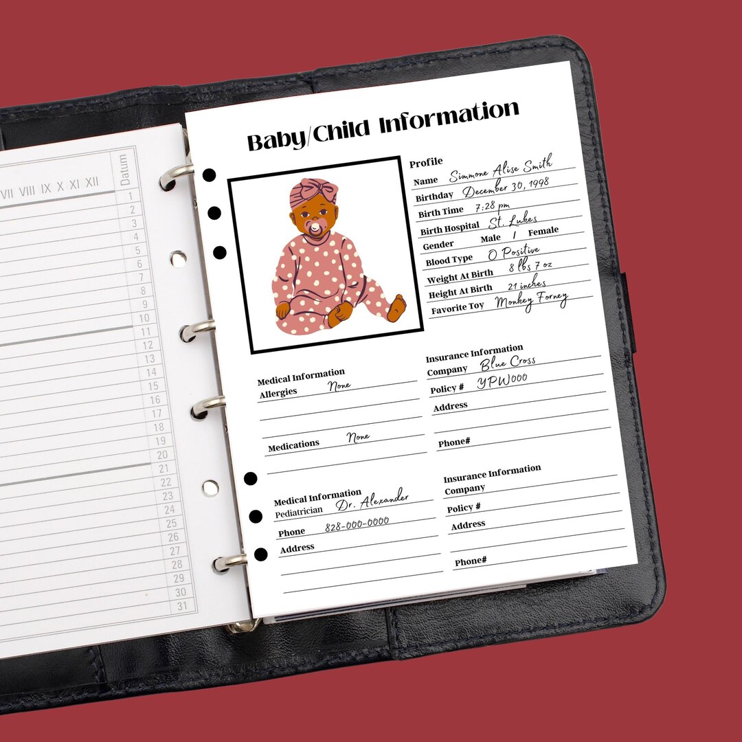 Baby/child Personal Information Planner Insert, Child Information ...