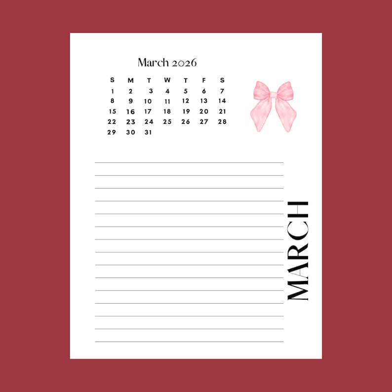 2026 Coquette Calendar: Pink Bow Monthly Planner Note Pages - Etsy
