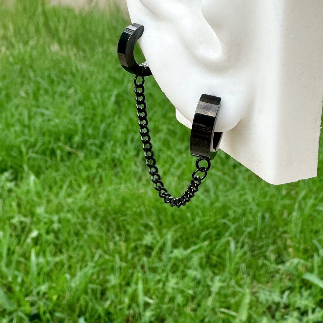 Black Hoop Chain Earrings. Double Hoop Chain. - Etsy
