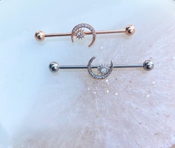 Moon and Star Industrial Ear Barbell silver or Rose Gold 14 - Etsy