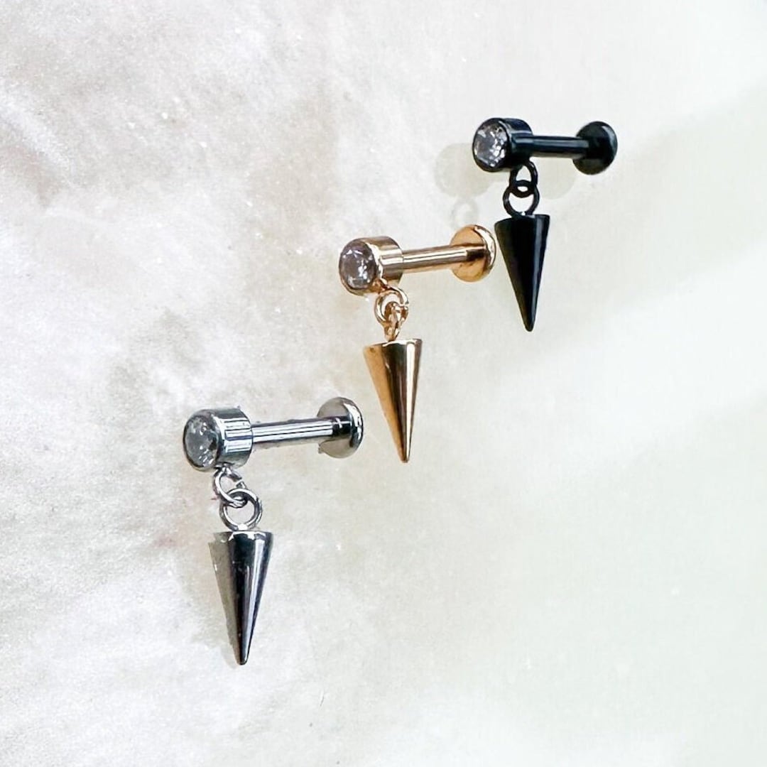 Titanium Spike Dangle Crystal Bezel Labret. Gold, Black, Silver. 16G ...