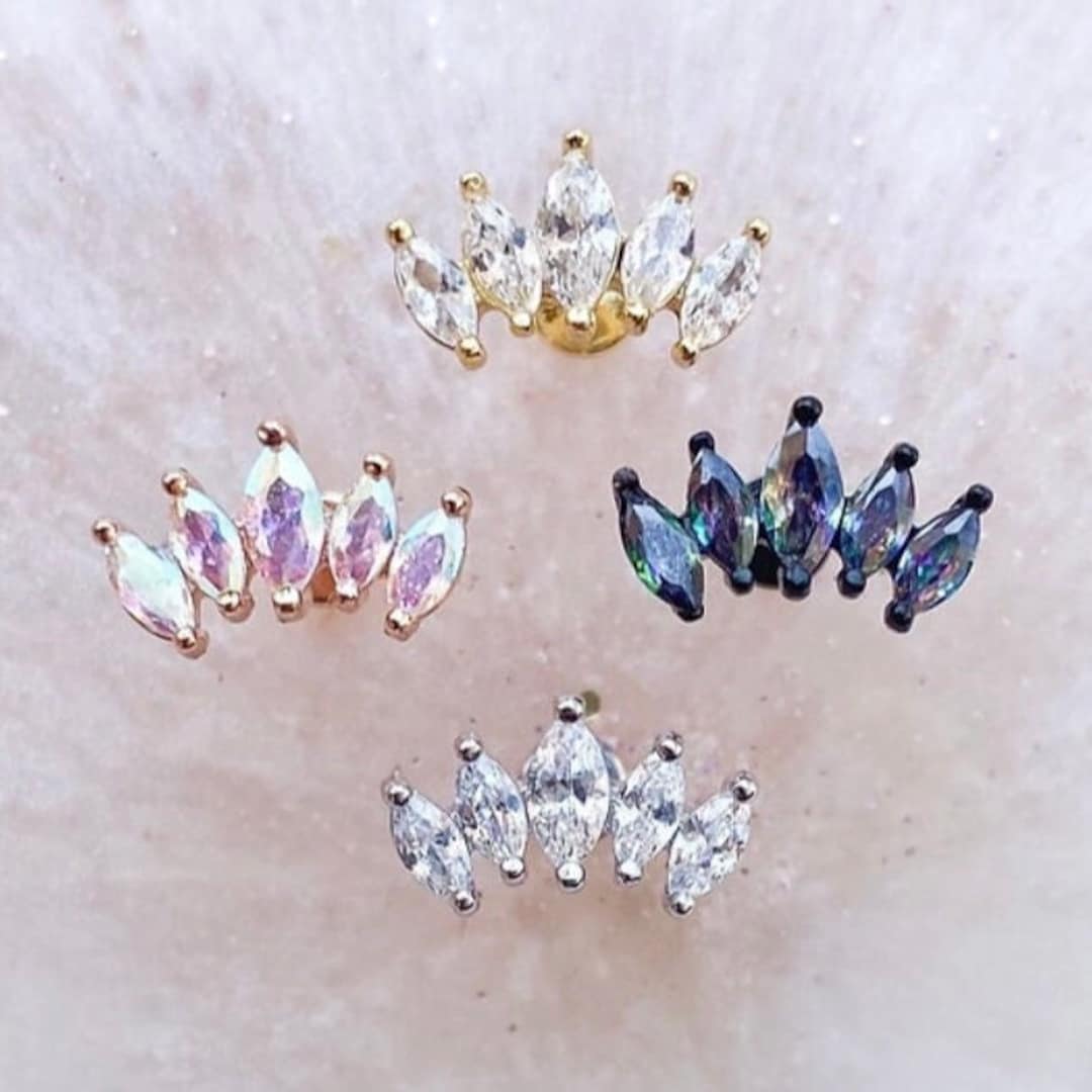 Marquise Crystal Curved Labret 16G. 6mm or 8mm. for Conch, Tragus, Flat ...