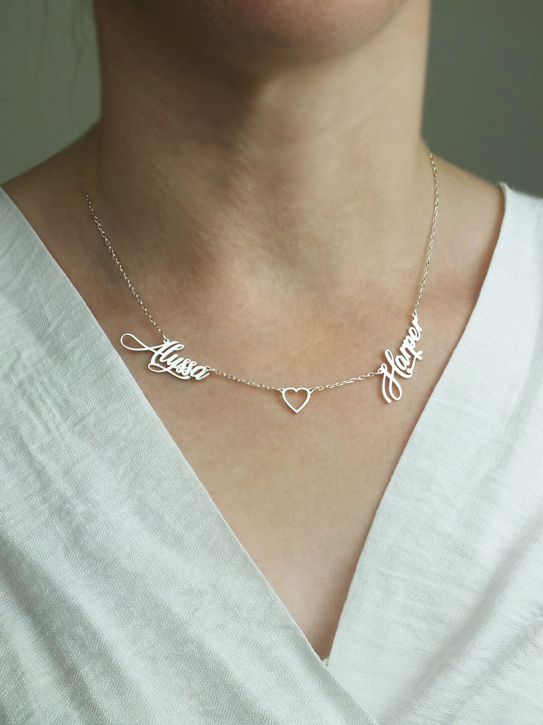 Two Name Necklace With Heart, Personalized 2 Names Necklace, Dainty ...