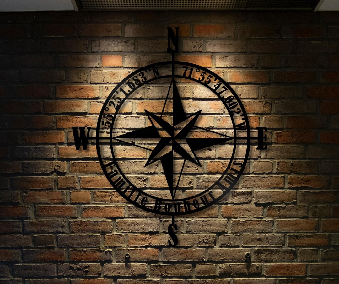 Metal Nautical Compass Rose , Personalized GPS Coordinates , Wall ...