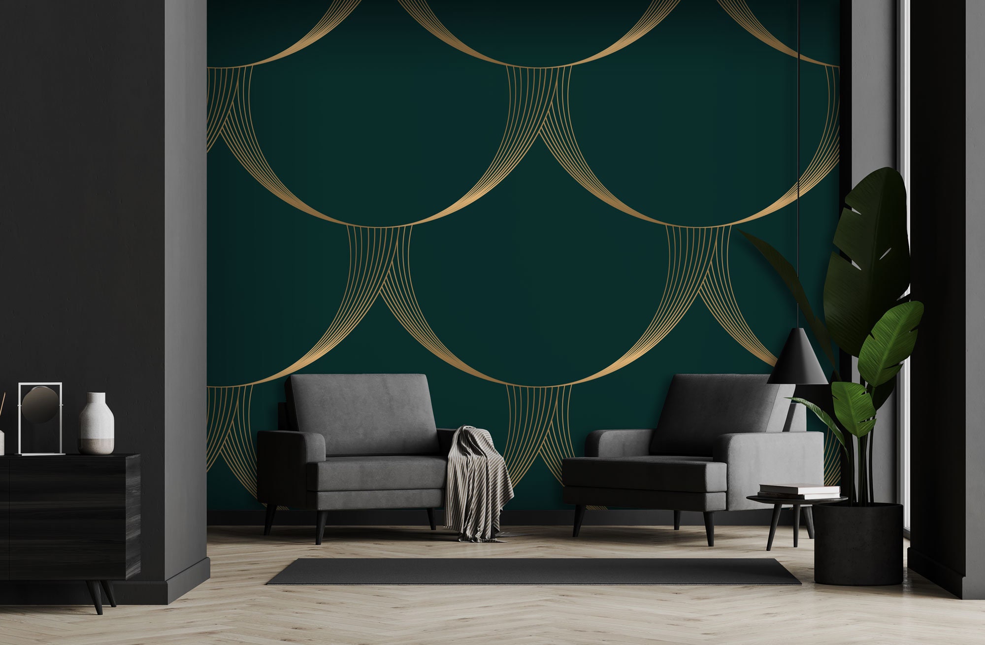 Dark Green Matte Abstract Wallpaper With Gold Line Art Pattern - Etsy