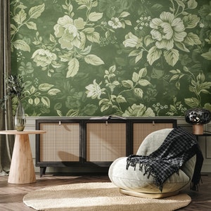 Green Retro Floral Wallpaper, Traditional Print, Classic Floral Wall ...