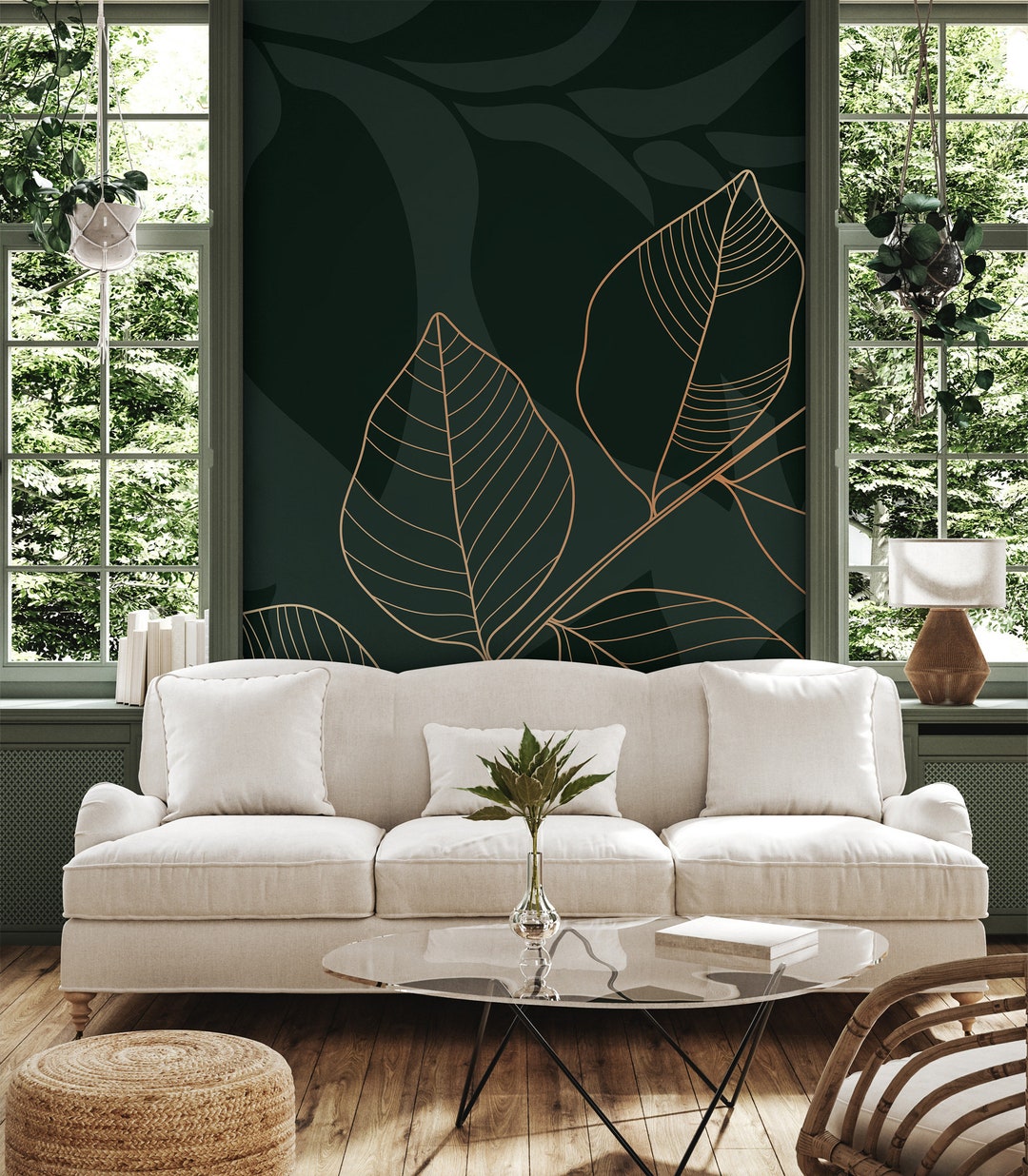 Dark Green Leaf Wall Mural, Green Wallpaper, Line Art [wall Decor, Peel ...