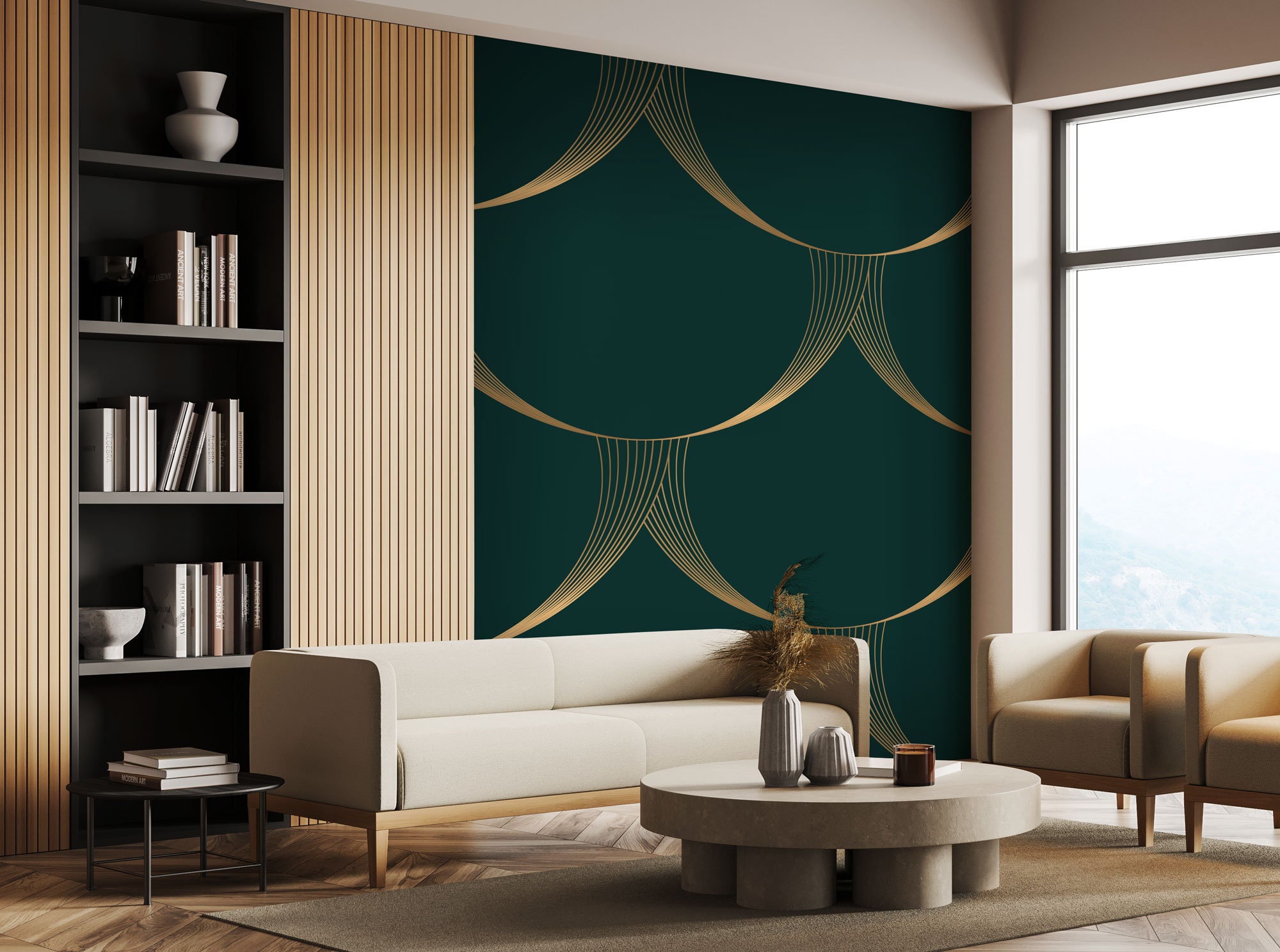 Dark Green Matte Abstract Wallpaper With Gold Line Art Pattern - Etsy