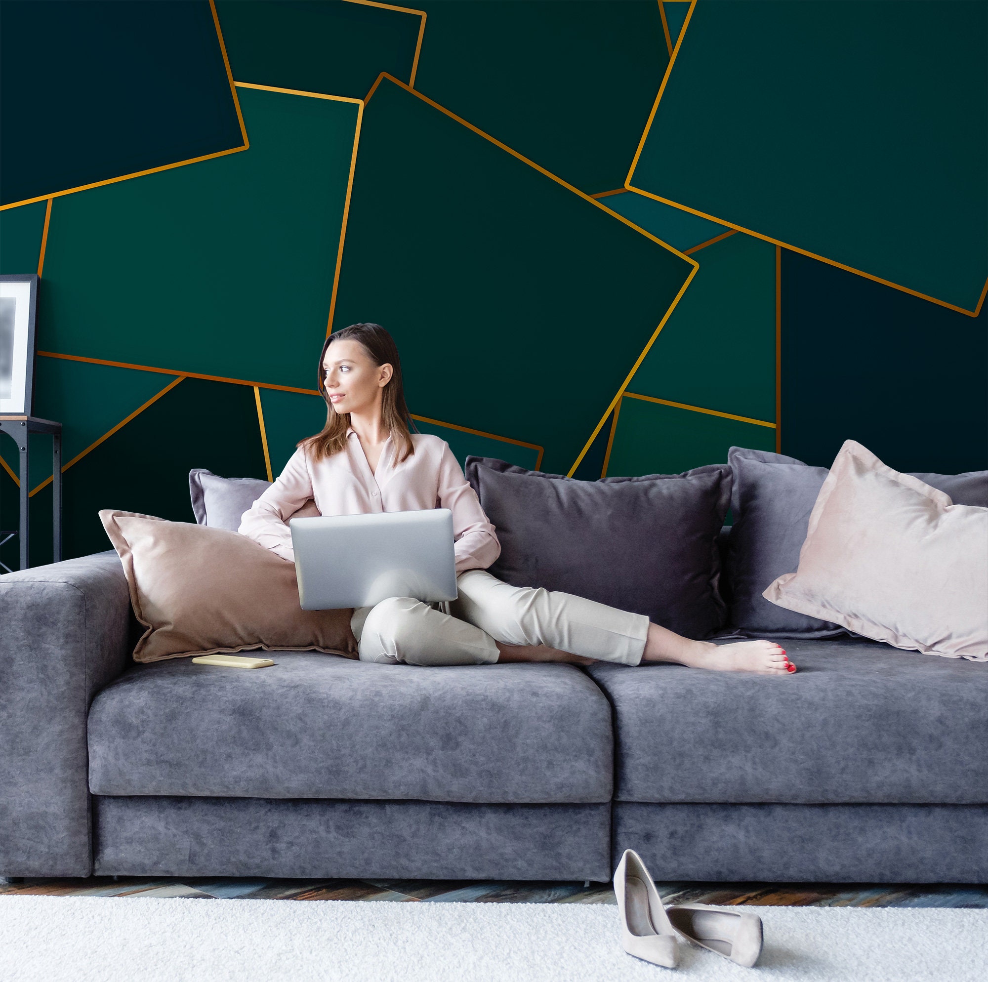 Royal Green Wallpaper Golden Lines Wall Mural Self - Etsy