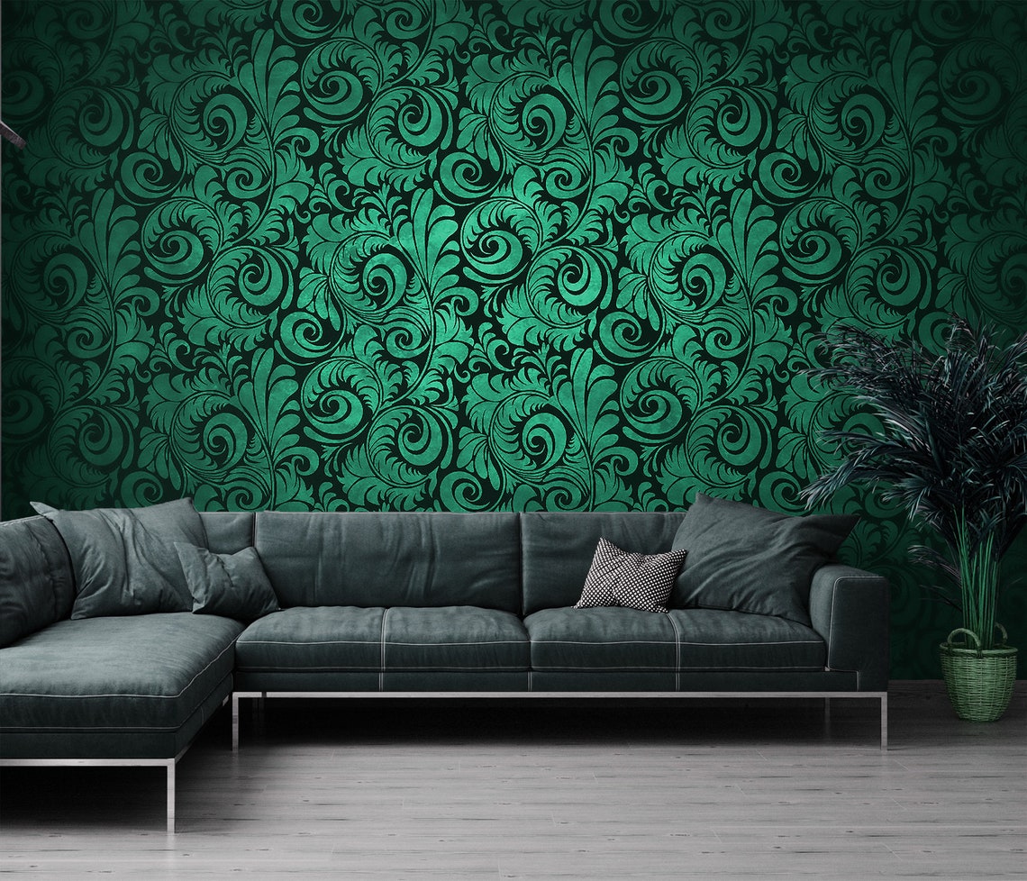 Modern Green Wallpaper With Ornaments, Wall Mural, Self Adhesive, Peel ...