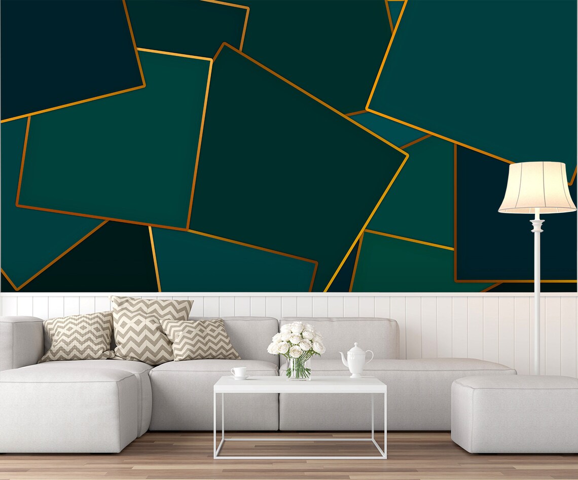 Royal Green Wallpaper Golden Lines Wall Mural Self - Etsy