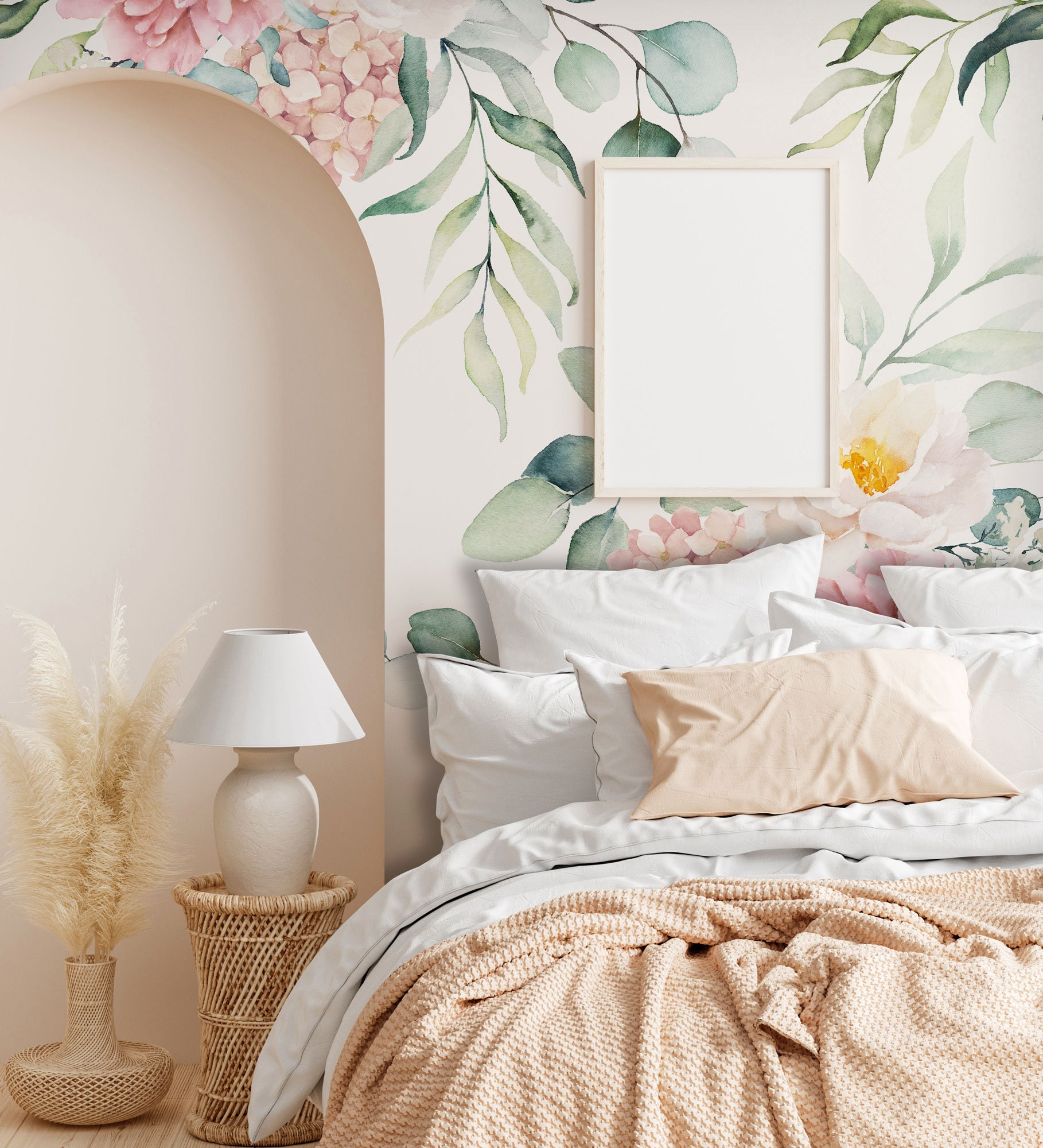 Watercolor Floral Pattern, Cream Pink Peach Floral Wallpaper, Leaves ...