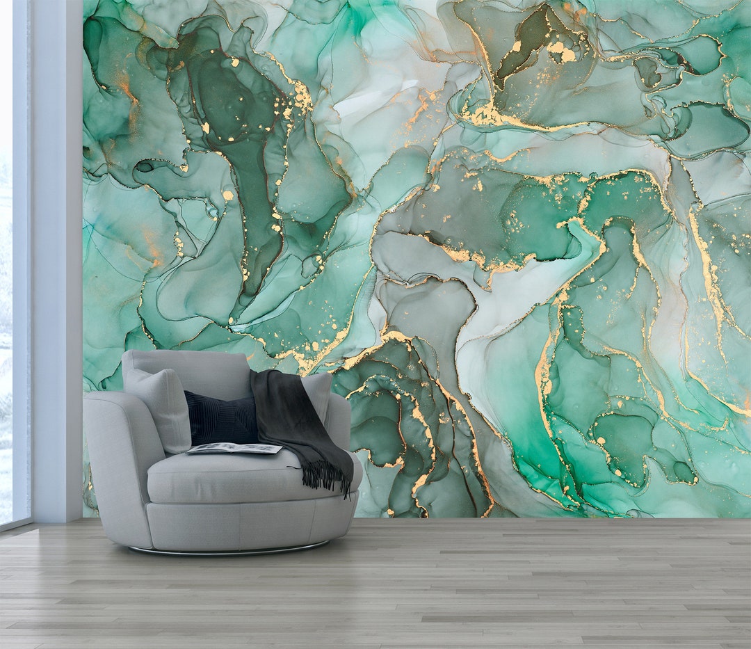Luxurious Abstract Wallpaper, Turquoise Marble With Gold, Wall Mural ...
