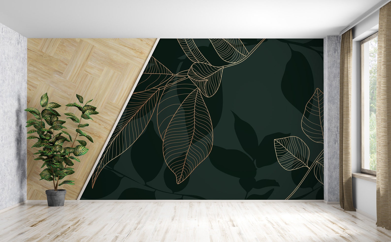 Dark Green Leaf Wall Mural, Green Wallpaper, Line Art wall Decor, Peel ...