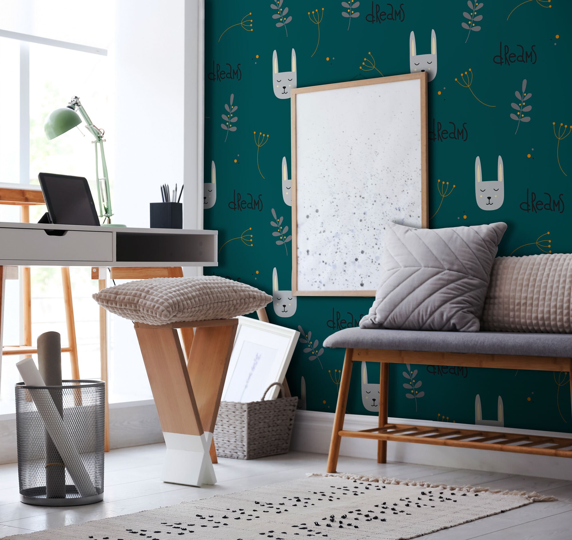 Teal wallpaper with bunny pattern animal motive wallpaper | Etsy