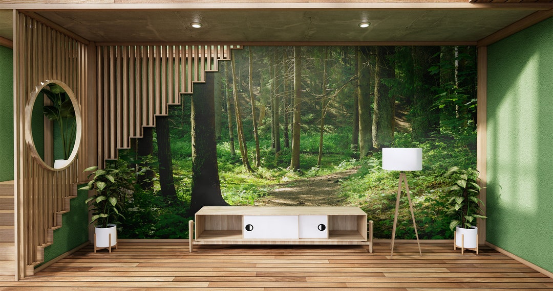 Green Forest Wall Mural, Vivid Photo Wallpaper With Forest Theme [peel ...
