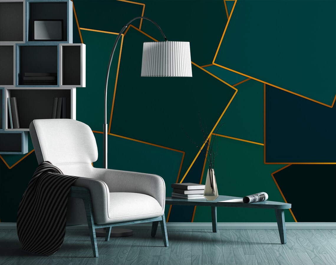 Royal Green Wallpaper Golden Lines Wall Mural Self - Etsy