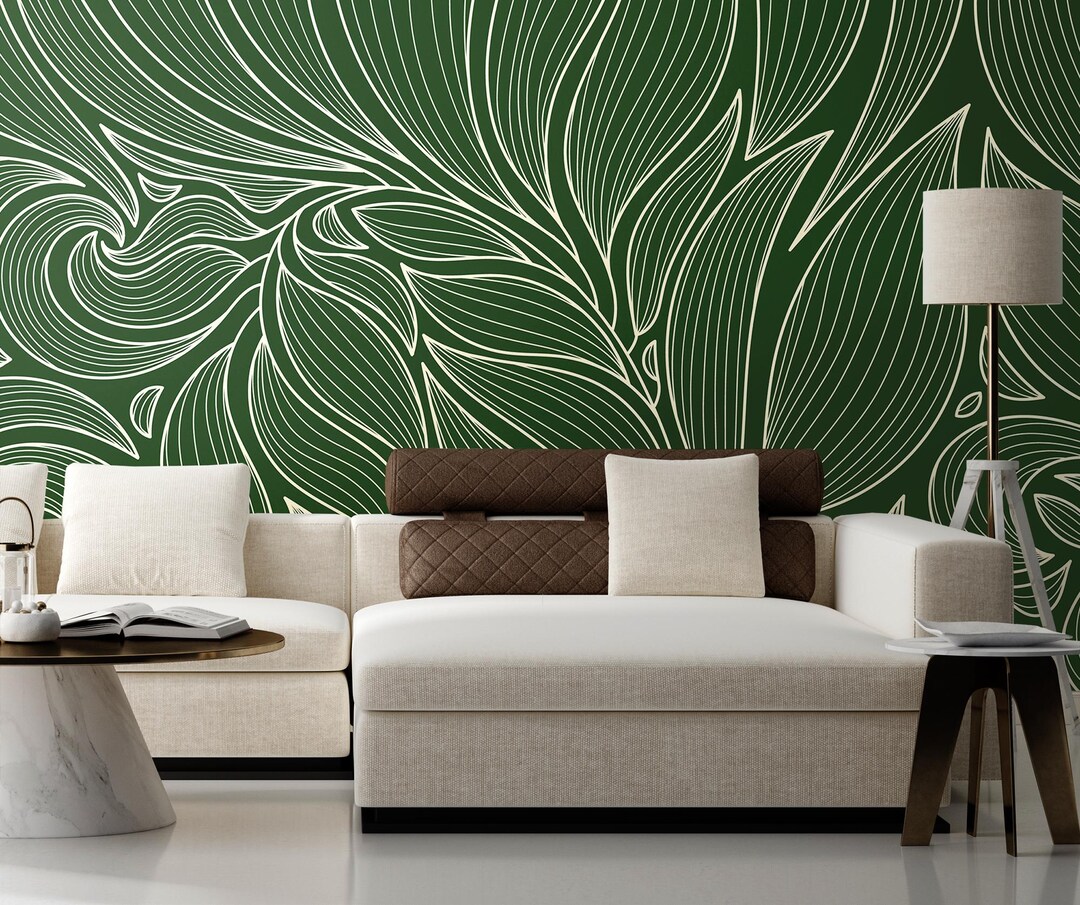 Green Leaf Wallpaper, Botanical Pattern, Abstract Wall Mural, Home ...