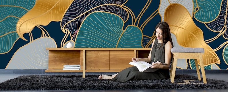 Dark Teal Blue and Gold Matte Line Art Leaves Pattern - Etsy UK