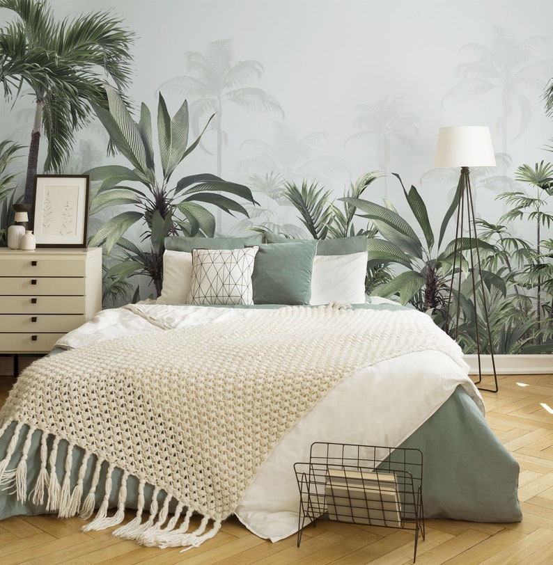 Palm Trees Wallpaper Green Wallpaper Tropical Trees Wall - Etsy