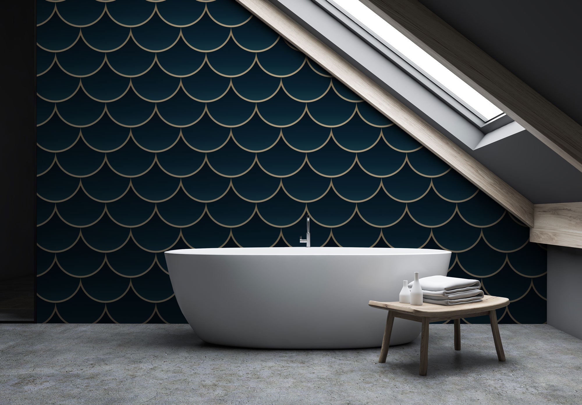 Dark teal fish scale pattern wallpaper geometric motive | Etsy