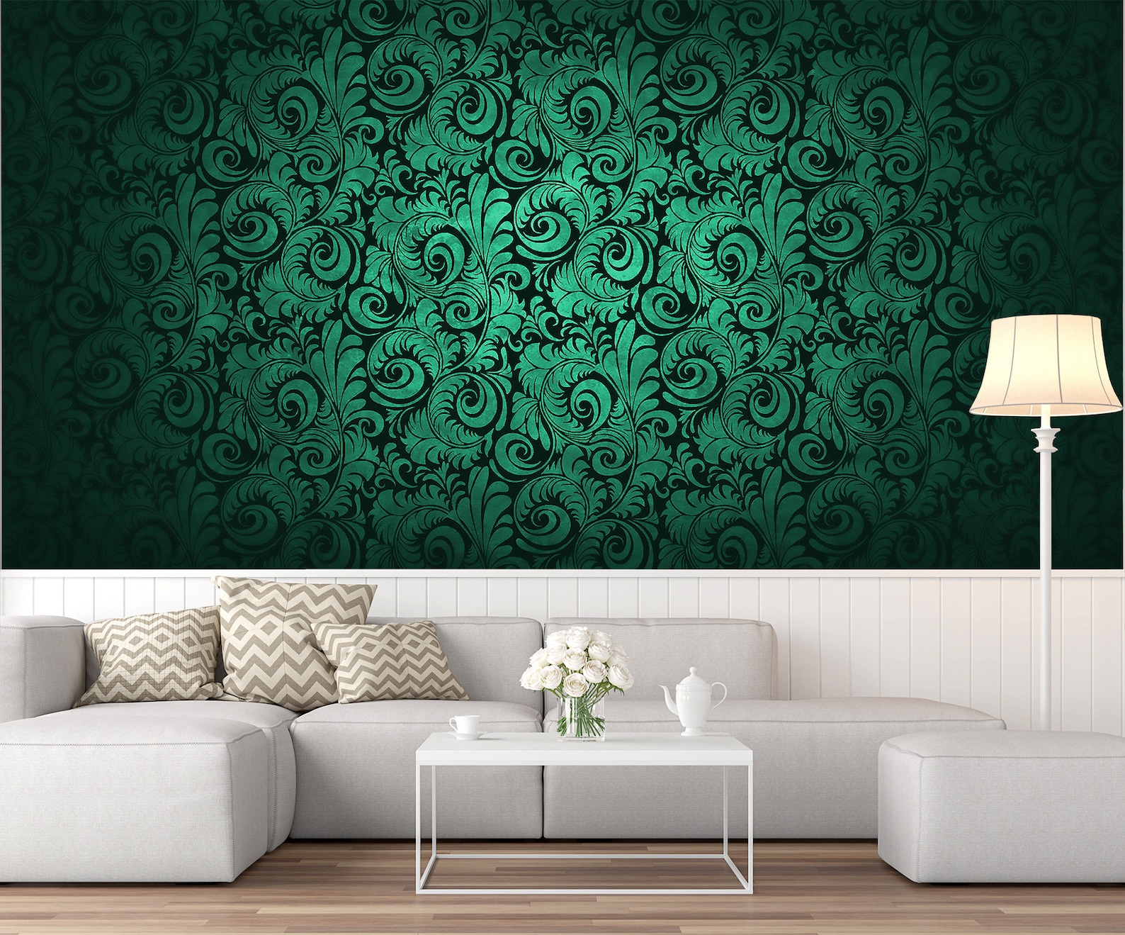 Modern Green Wallpaper With Ornaments, Wall Mural, Self Adhesive, Peel ...