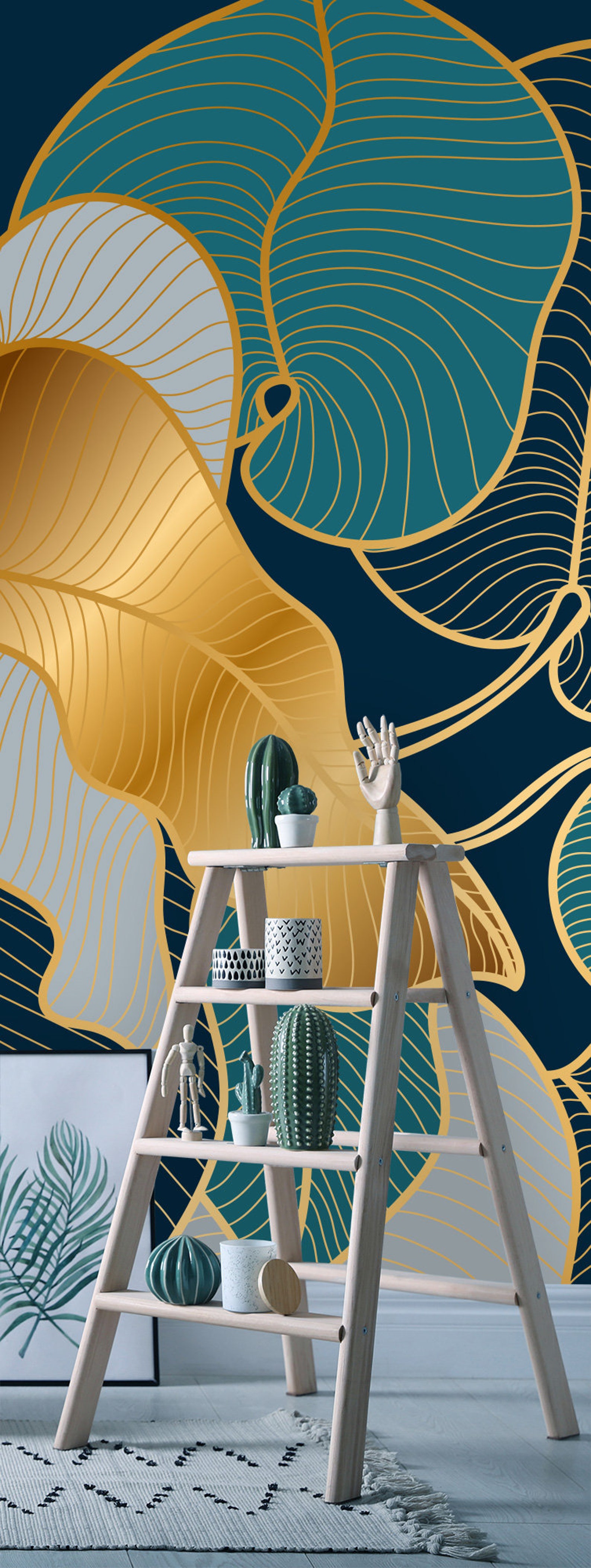 Dark Teal Blue and Gold Matte Line Art Leaves Pattern - Etsy UK